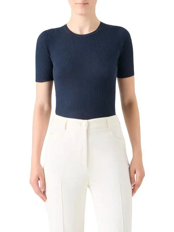 Akris Short Sleeve Ribbed Silk & Cotton Sweater - Navy