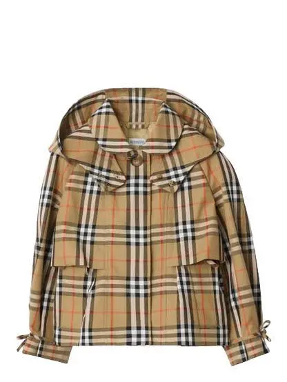 Burberry Check Cotton Hooded Trench Jacket - Sand Beige