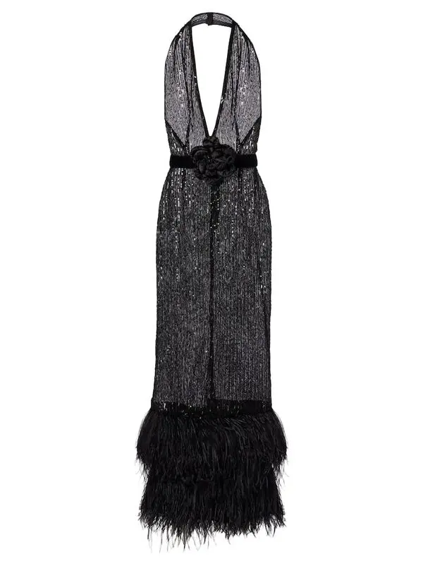 Dolce & Gabbana Feather-trimmed Sequined Gown - Black