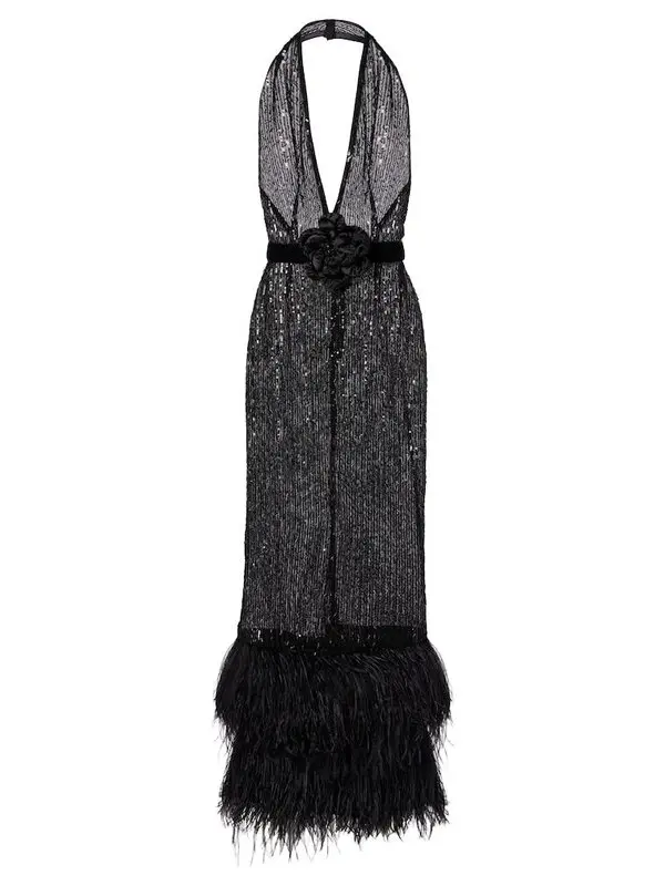 Dolce & Gabbana Feather-trimmed Sequined Gown - Black