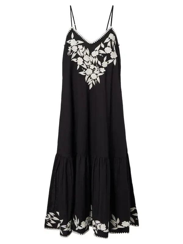 JULIET DUNN Embroidered Cotton And Linen Midi Dress - Black