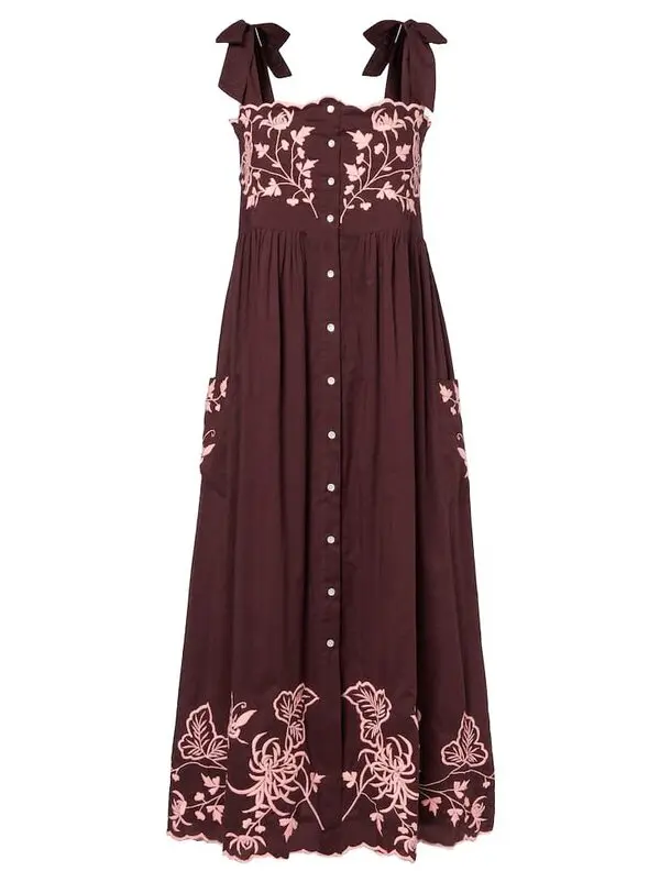 JULIET DUNN Embroidered Cotton Midi Dress - Burgundy