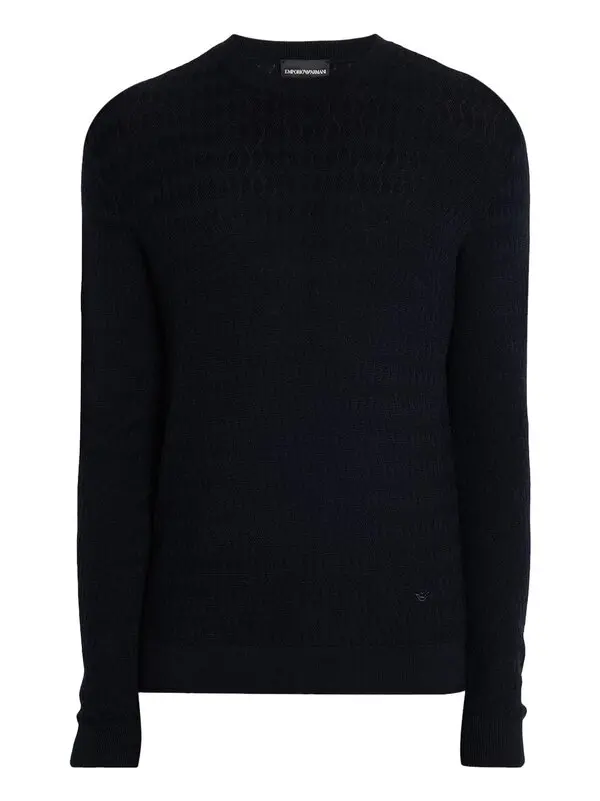 Emporio Armani Tonal Jacquard Slim-fit Crewneck Sweater - Solid Dark Blue
