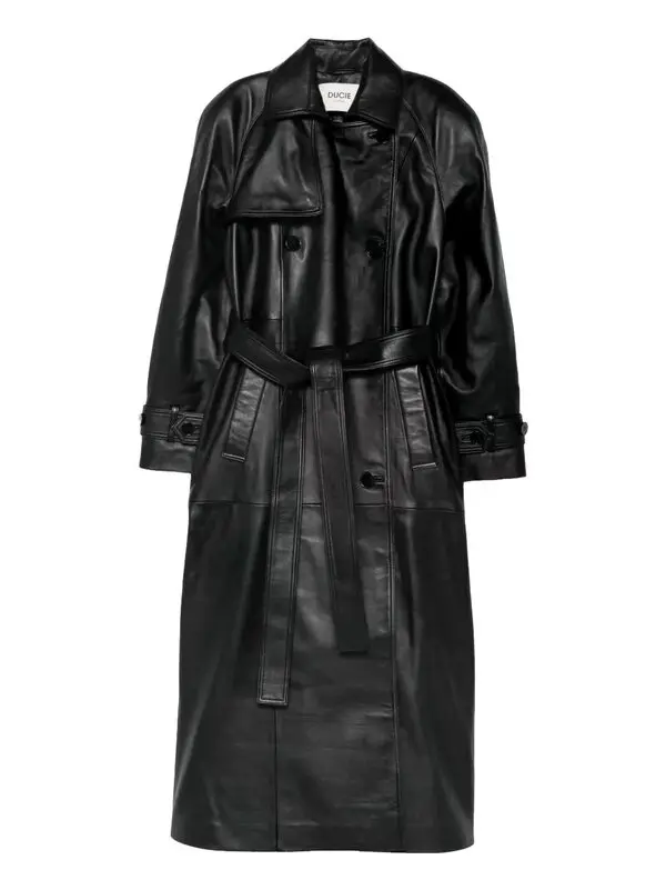 DUCIE Corrin Buttoned Belted Leather Trench - Black