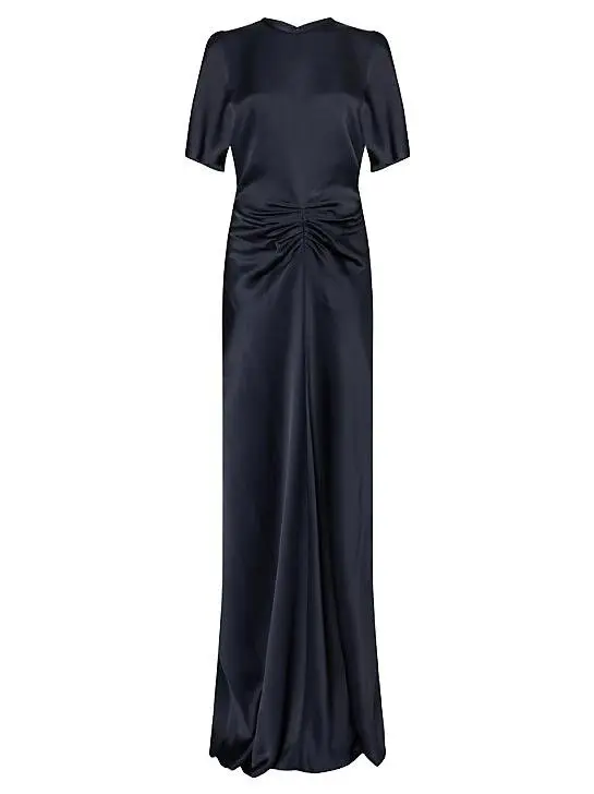 Victoria Beckham Pin-tuck Waist Satin Flared Gown - Navy