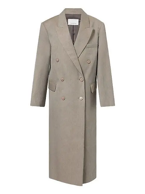 THE FRANKIE SHOP Double-breasted Woven Long Coat - Taupe Melange
