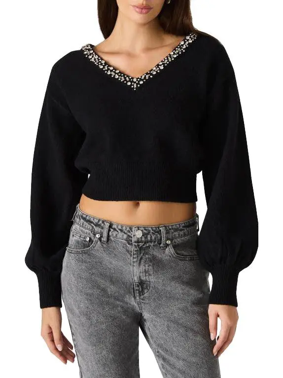 Steve Madden Evilyn Embellished V-neck Crop Pullover - Black