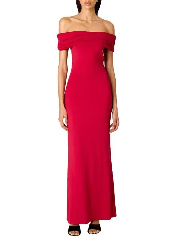 NIA Off-the-shoulder Open Back Maxi Dress - Crimson