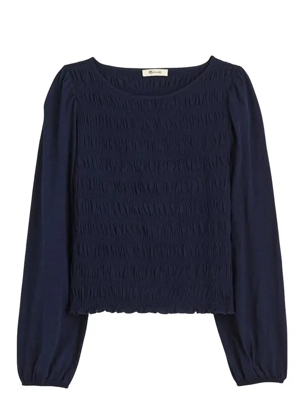 Madewell Smocked Boat Neck Long Sleeve Top - Midnight Navy