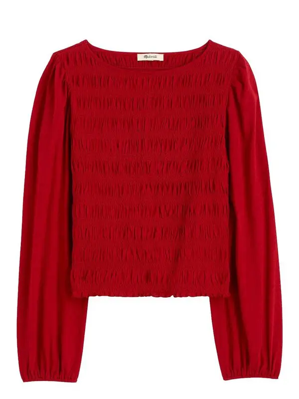 Madewell Smocked Boat Neck Long Sleeve Top - Ruby
