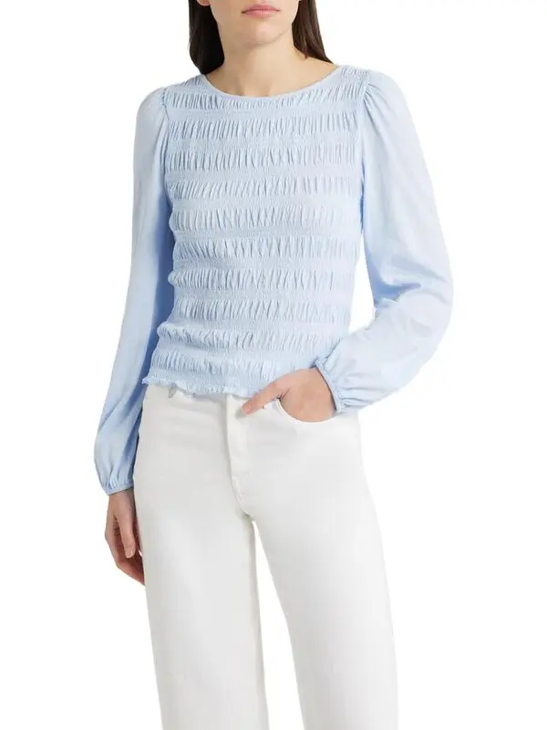 Madewell Smocked Boat Neck Long Sleeve Top - Sky Blue