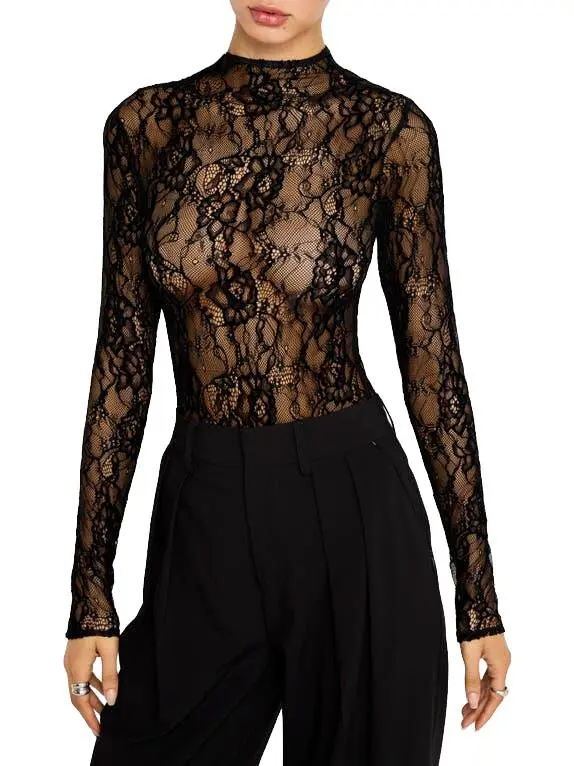 Good American Sheer Lace Mock Neck Bodysuit - Black001