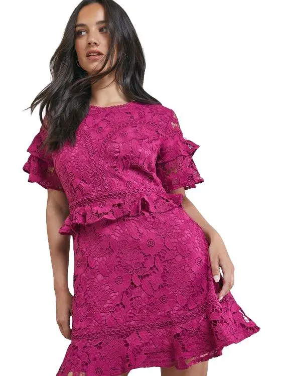 OASIS Lace Trim Frill Sleeve Mini Dress - Purple