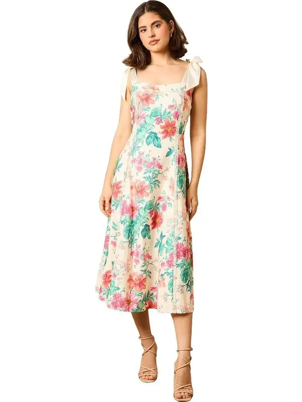 OASIS Floral Print Bow Strap Midi Dress - Multi