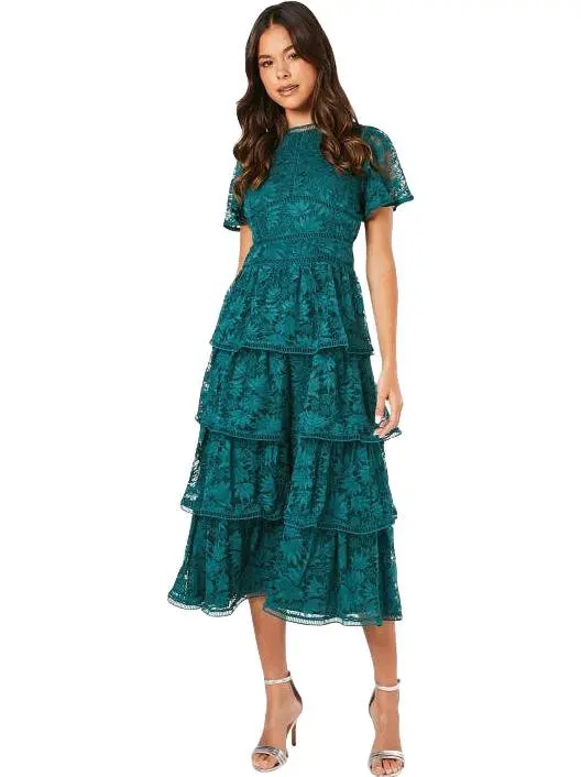 Coast Petite Tiered Lace Dress - Dark Green