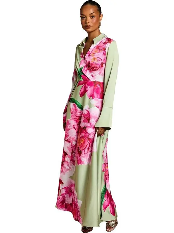 Coast Petite Placement Print Wrap Front Gown - Sage