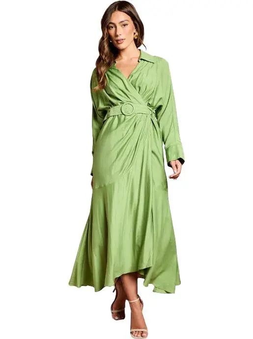 Coast Twill Long Sleeve Belted Wrap Dress - Green