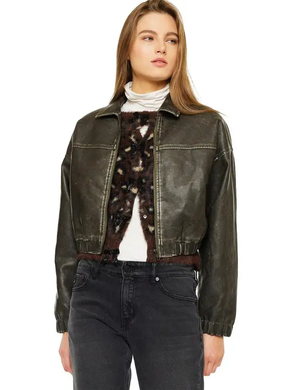 KANCAN Vegan Leather Oversized Bomber Jacket - Dark Olive