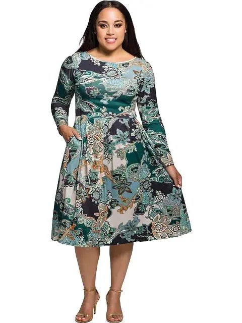 24SEVEN COMFORT APPAREL Long Sleeve Paisley Floral Midi Dress - Green Multi