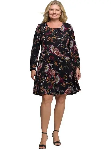 24SEVEN COMFORT APPAREL Paisley Print Fit And Flare Dress - Black Multi