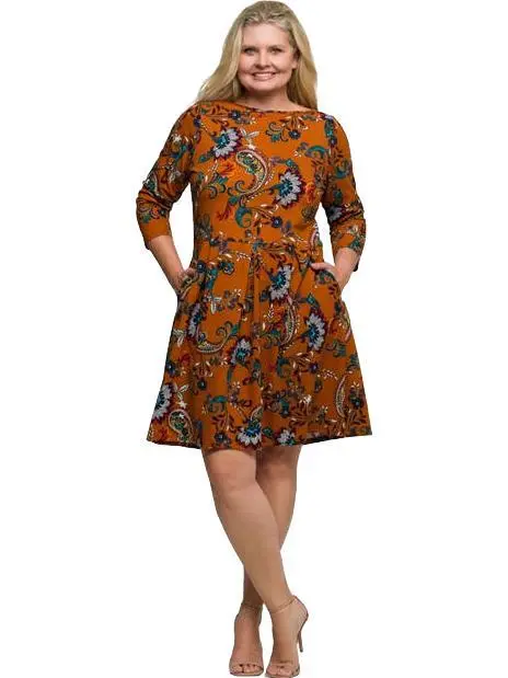 24SEVEN COMFORT APPAREL Paisley Print Fit And Flare Knee Length Dress - Orange Multi