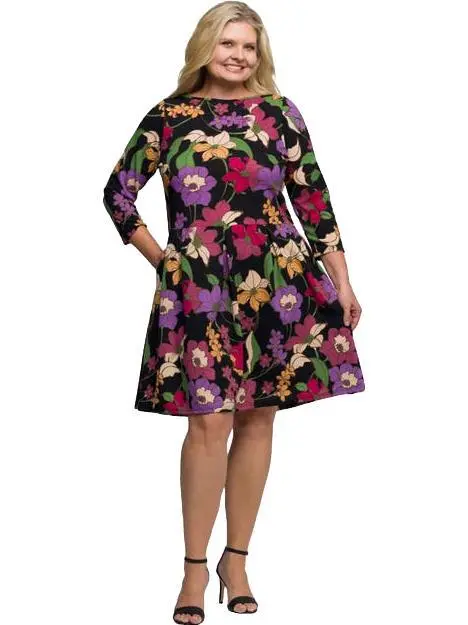 24SEVEN COMFORT APPAREL Floral Fit And Flare Knee Length Dress - Black Multi