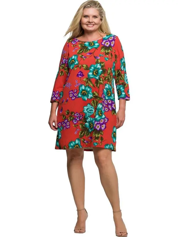 24SEVEN COMFORT APPAREL Floral Print A-line Knee Length Dress - Orange Multi