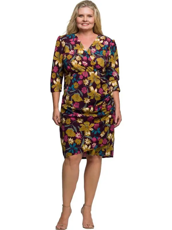 24SEVEN COMFORT APPAREL Floral Print Faux Wrap Dress - Purple Multi