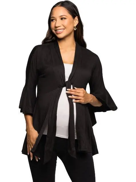 24SEVEN COMFORT APPAREL Tie Front Bell Sleeve Maternity Cardigan - Black