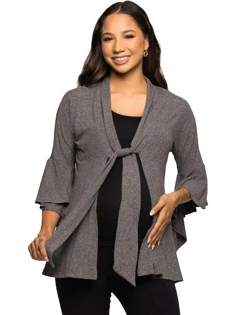 24SEVEN COMFORT APPAREL Tie Front Bell Sleeve Maternity Cardigan - Smoke