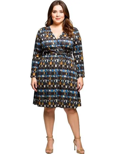 24SEVEN COMFORT APPAREL Wrap Dress With Belt And Long Sleeves - Brown Multi