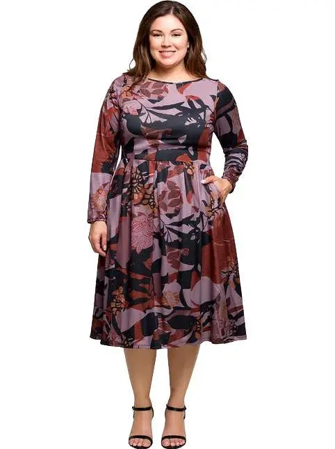24SEVEN COMFORT APPAREL Floral Print Fit & Flare Midi Dress - Grey Multi