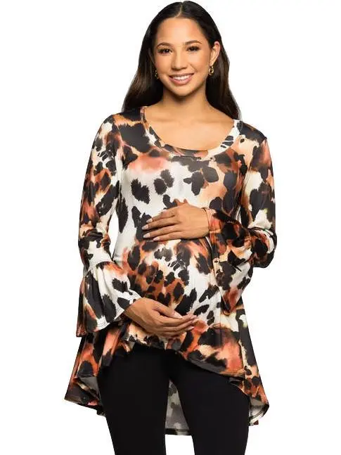 24SEVEN COMFORT APPAREL Scoop Neck Bell Sleeve Tunic Top Animal Print - Brown Multi