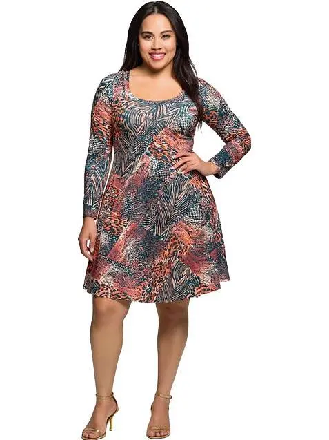 24SEVEN COMFORT APPAREL Animal Print Fit And Flare Dress - Brown Multi