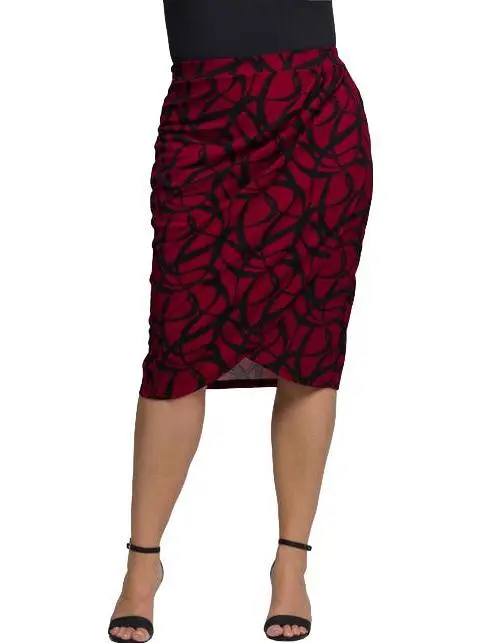 24SEVEN COMFORT APPAREL Print Ruched Knee Length Skirt - Red Multi