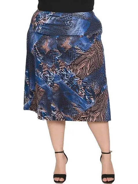 24SEVEN COMFORT APPAREL Animal Print Knee Length Skirt - Blue Multi