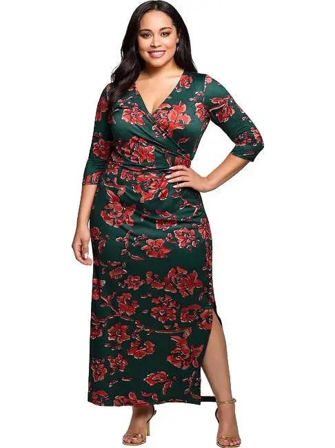 24SEVEN COMFORT APPAREL Floral Print Three Quarter Sleeve Maxi Dress With Slit - Orange Multi