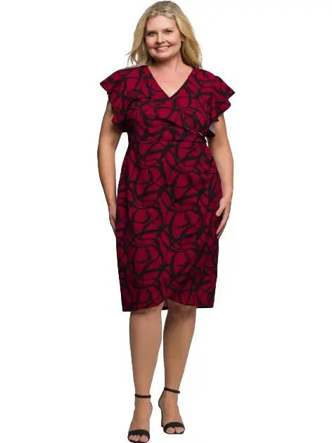 24SEVEN COMFORT APPAREL Abstract Print Flutter Sleeve Faux Wrap Dress - Red Multi