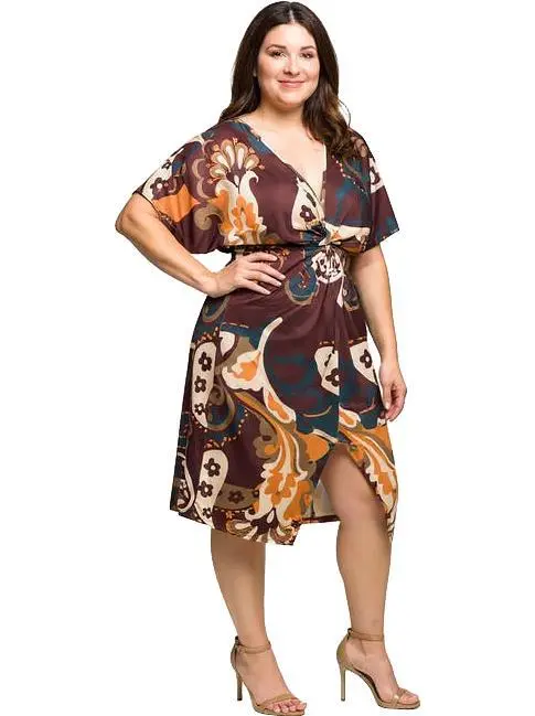24SEVEN COMFORT APPAREL Short Sleeve Knot Front Midi Dress In Paisley Print - Brown Multi