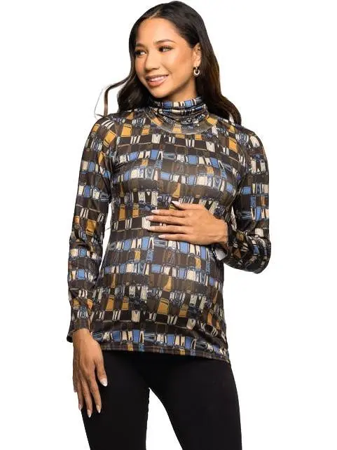 24SEVEN COMFORT APPAREL Mock Neck Long Sleeve Printed Top - Green Multi
