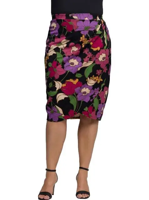 24SEVEN COMFORT APPAREL Floral Print Midi Pencil Skirt - Black Multi