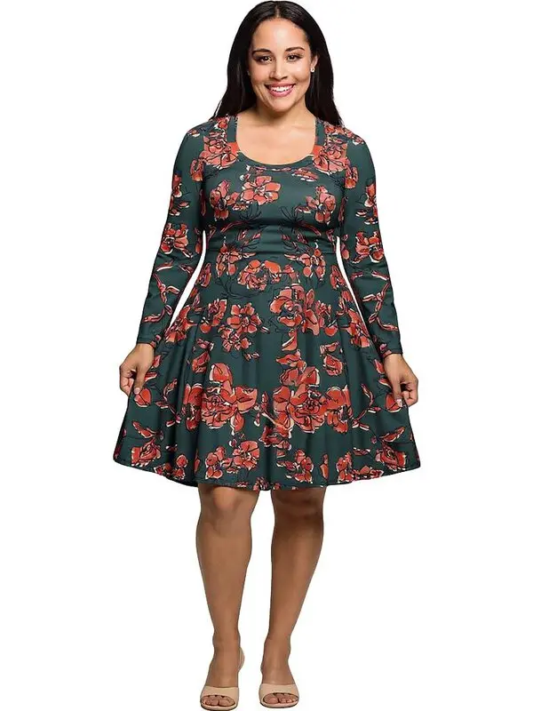 24SEVEN COMFORT APPAREL Floral Print Fit And Flare Dress - Orange Multi