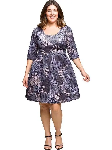 24SEVEN COMFORT APPAREL Printed Fit And Flare Dress - Grey Multi