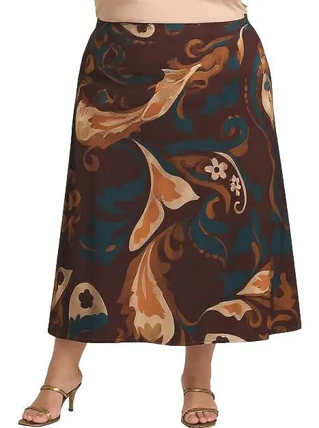 24SEVEN COMFORT APPAREL Printed Elastic Waist Maxi Skirt - Brown Multi