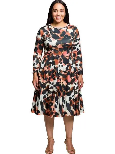 24SEVEN COMFORT APPAREL Animal Print Long Sleeve Midi Dress - Brown Multi