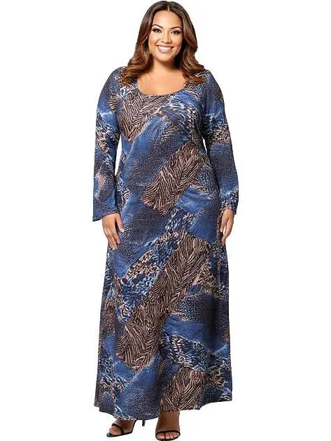 24SEVEN COMFORT APPAREL Animal Print Long Sleeve Maxi Dress - Blue Multi