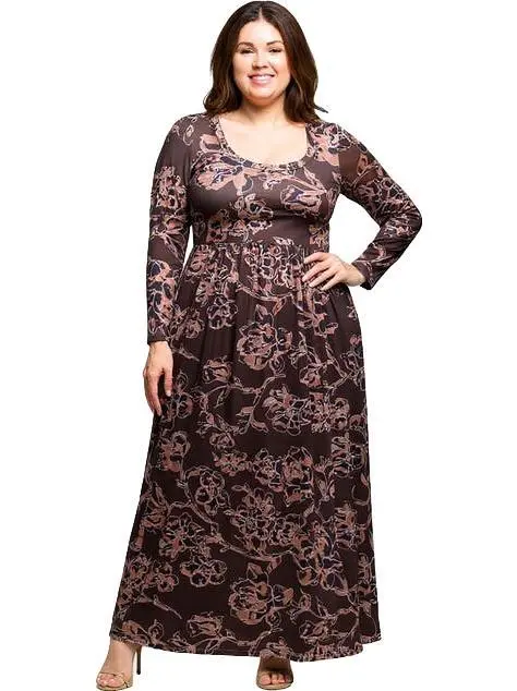 24SEVEN COMFORT APPAREL Floral Long Sleeve Scoop Neck Maxi Dress - Brown Multi