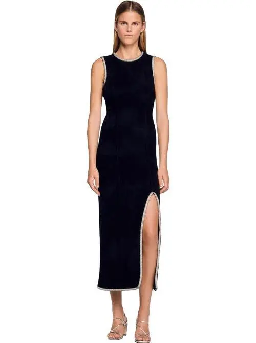 Sandro Rhinestone Trimmed Slit Maxi Dress - Black