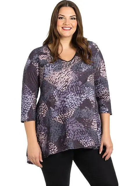 24SEVEN COMFORT APPAREL Abstract Print V-neck Tunic Top - Brown Multi
