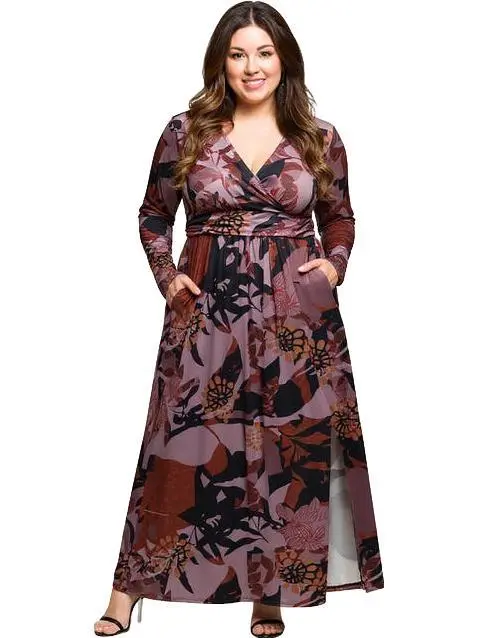 24SEVEN COMFORT APPAREL Floral Print Long Sleeve Wrap Maxi Dress - Grey Multi
